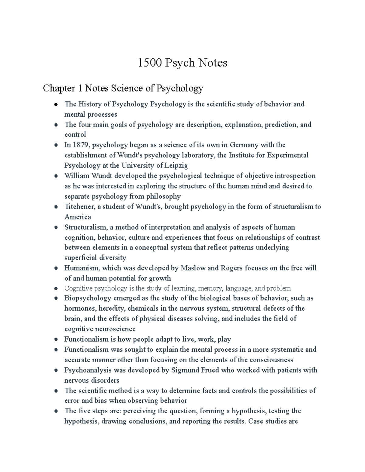 Psych chp 1 - 1500 Psych Notes Chapter 1 Notes Science of Psychology ...