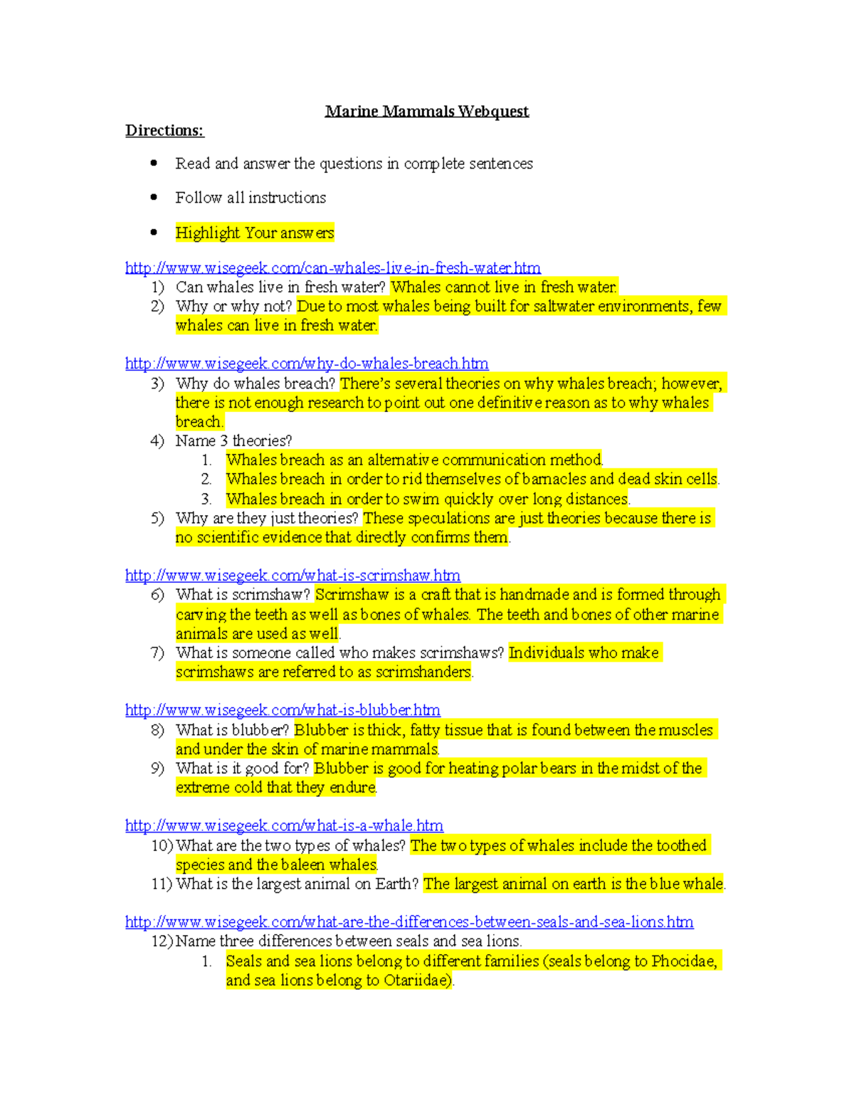 Marine mammals webquest-1+%284%29 copy - Marine Mammals Webquest ...