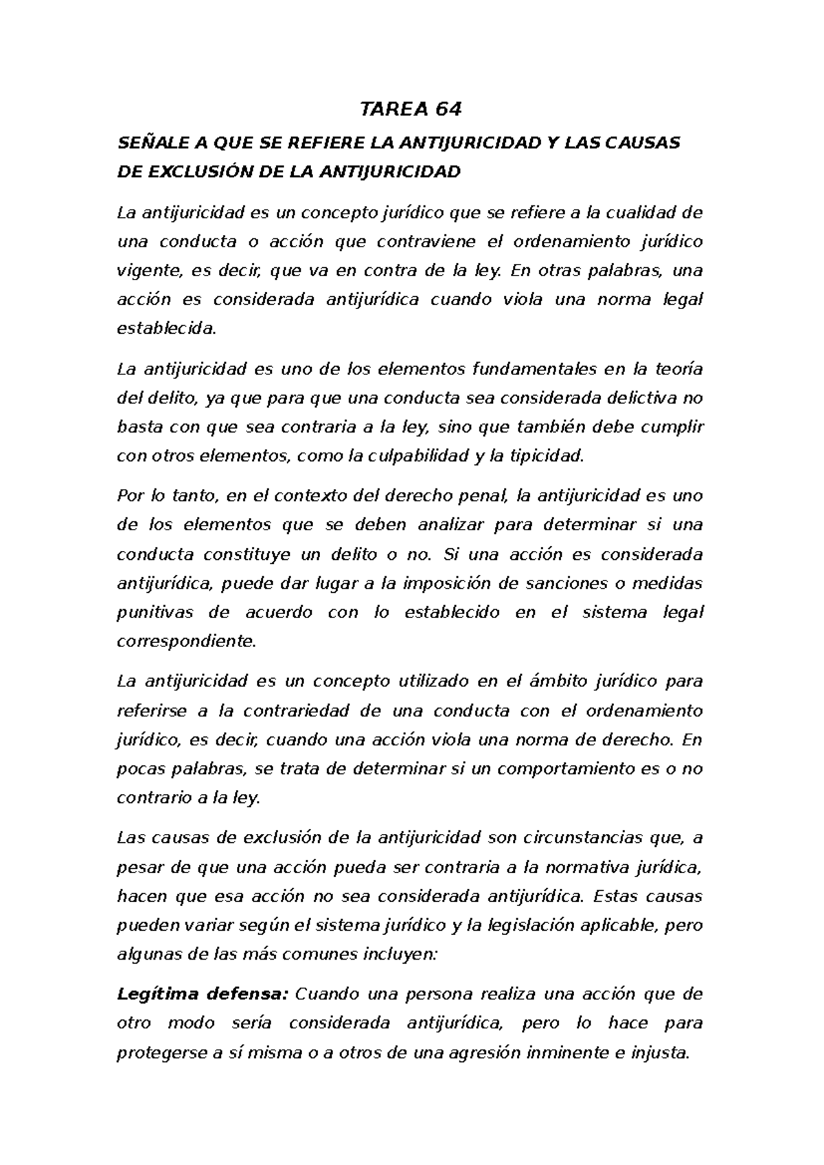 Tarea 64 - demanda - TAREA 64 SEÑALE A QUE SE REFIERE LA ANTIJURICIDAD Y LAS CAUSAS DE EXCLUSIÓN ...
