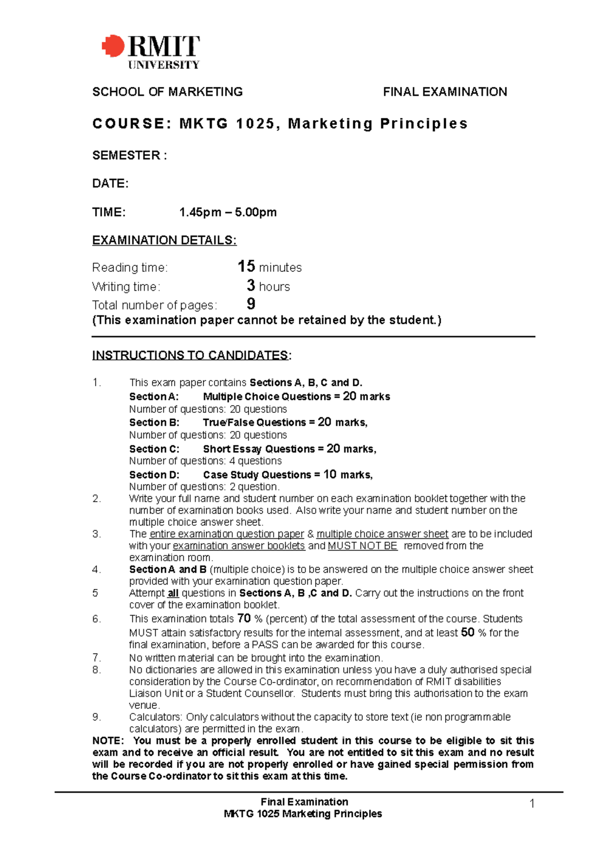 MKTG 1025 Sample Final Exam ANS - SCHOOL OF MARKETING FINAL EXAMINATION ...