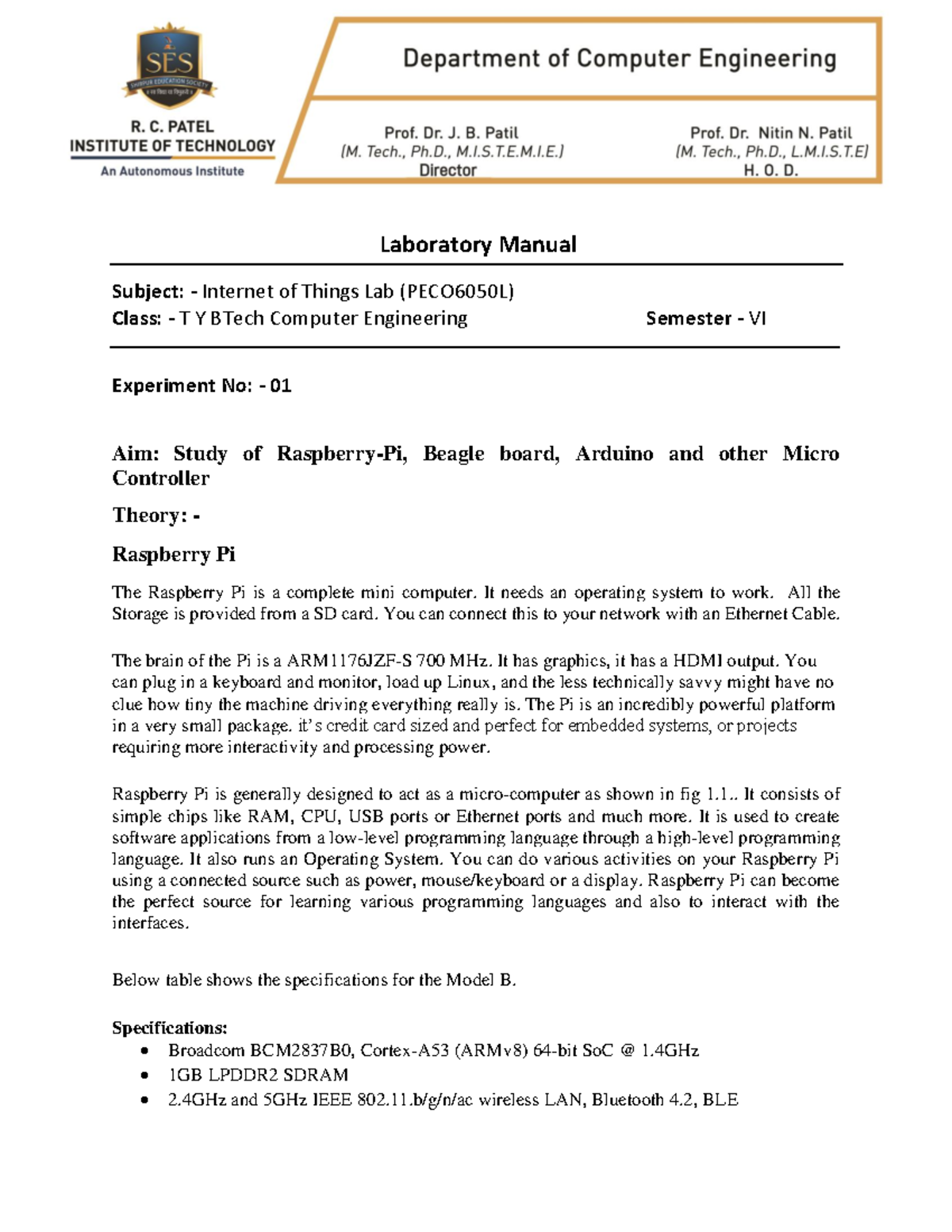 1 Study of RPI Beagleboard and Arduino - Laboratory Manual Subject: - Internet of Things Lab ...