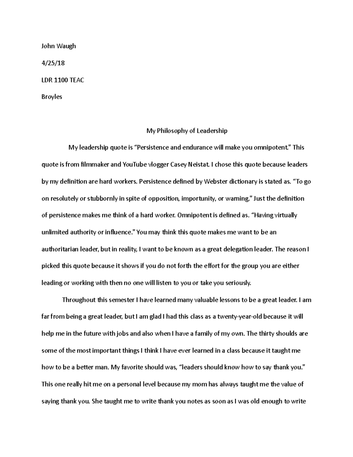 Leadership paper - John Waugh 4/25/ LDR 1100 TEAC Broyles My Philosophy ...