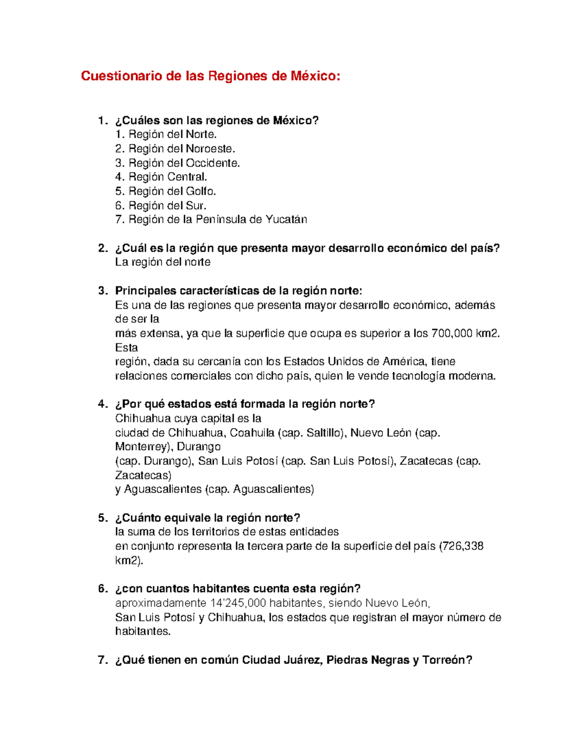 Cuestionario de las Regiones de México - ¿Cuáles son las regiones de ...