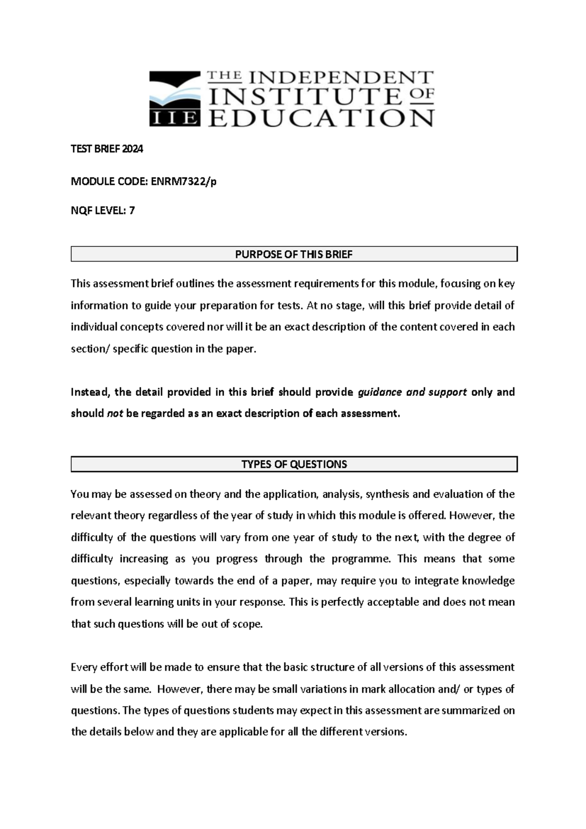 ENRM7322 S2 Test Brief 2024 - TEST BRIEF 2024 MODULE CODE: ENRM7322/p ...