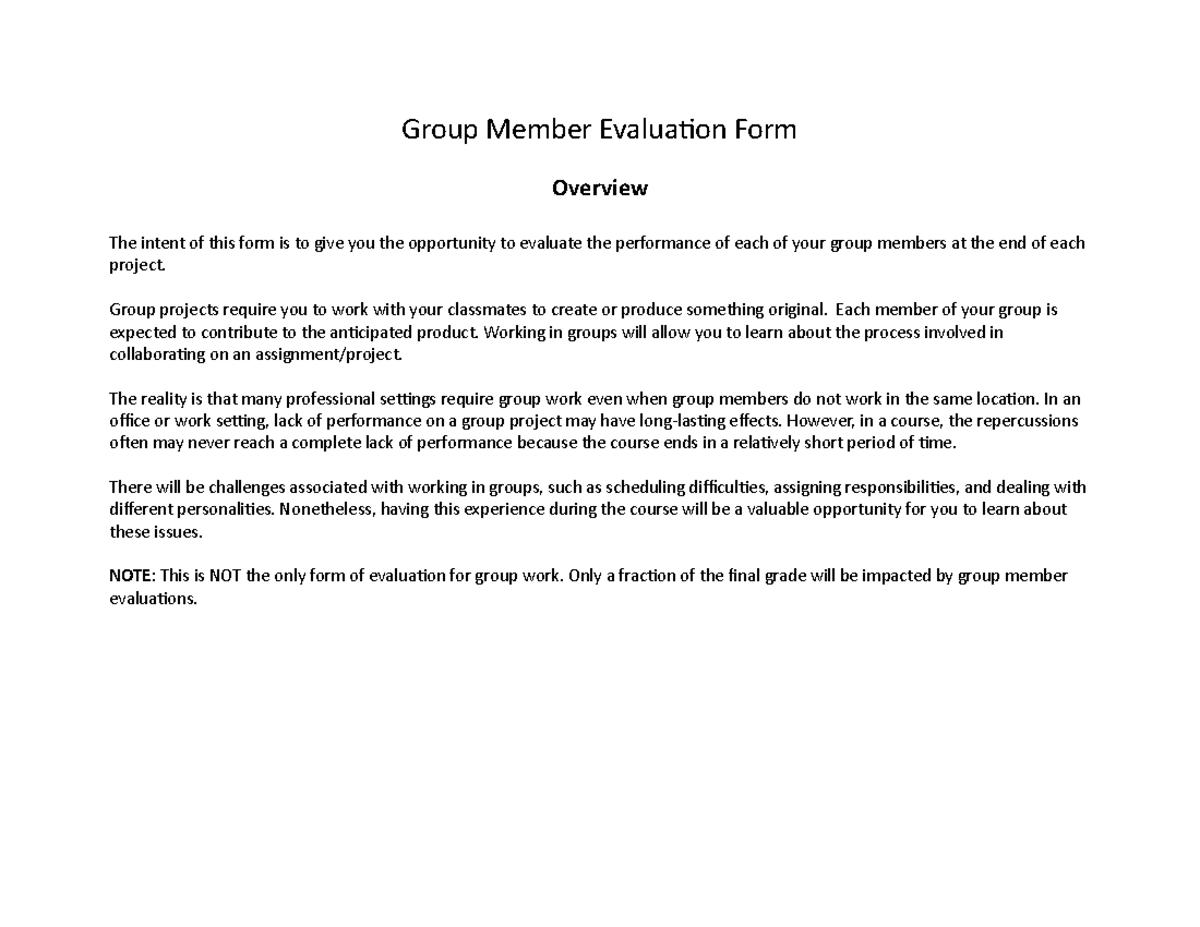 Peer Evaluation Form Dr Wong - Group Member Evaluation Form Overview ...