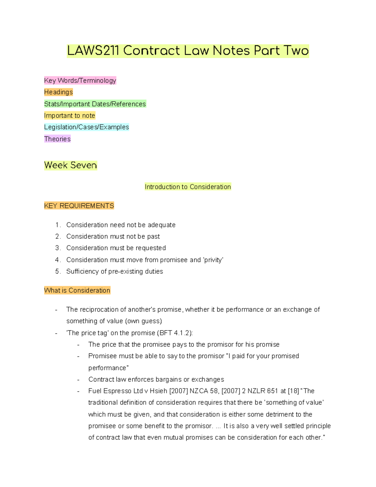LAWS211 Notes CONSIDERATION - LAWS211 Contract Law Notes Part Two Key ...