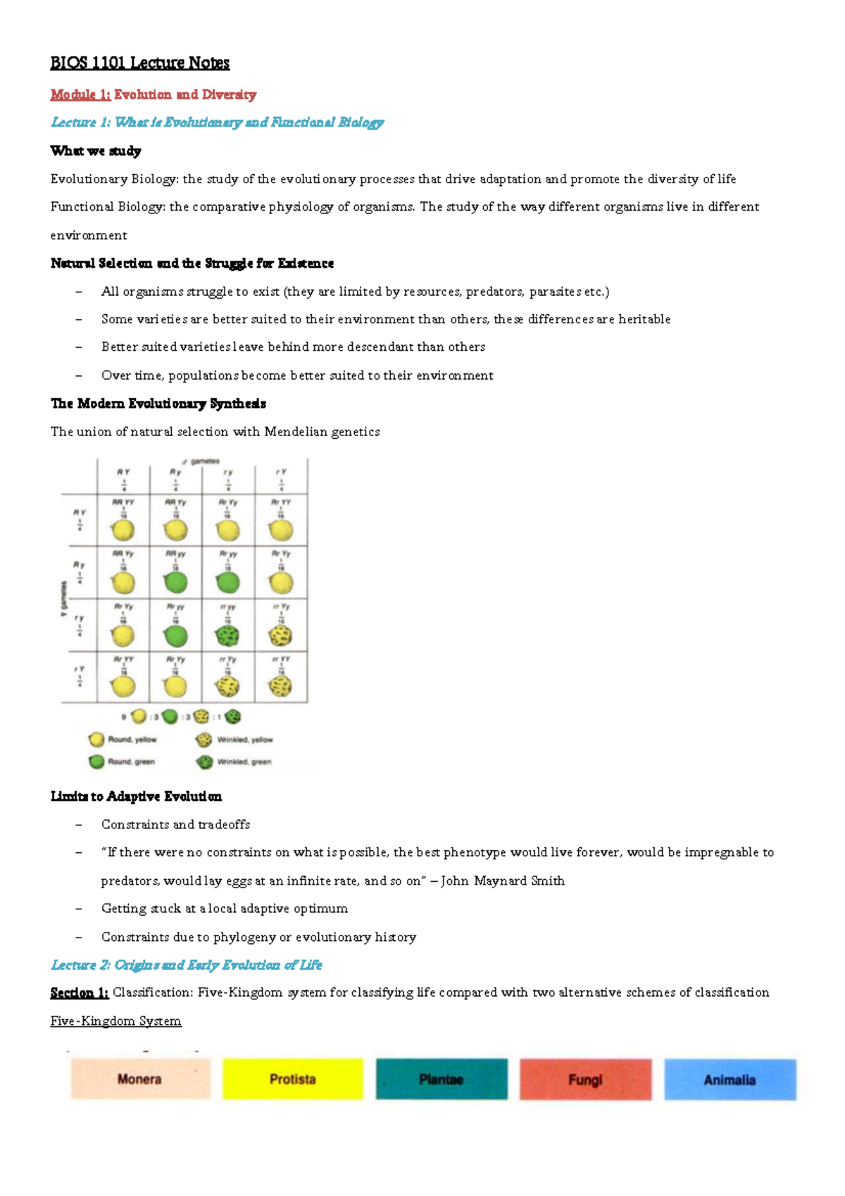 BIOS1101 Notes - BIOS 1101 Lecture Notes Module 1: Evolution and ...