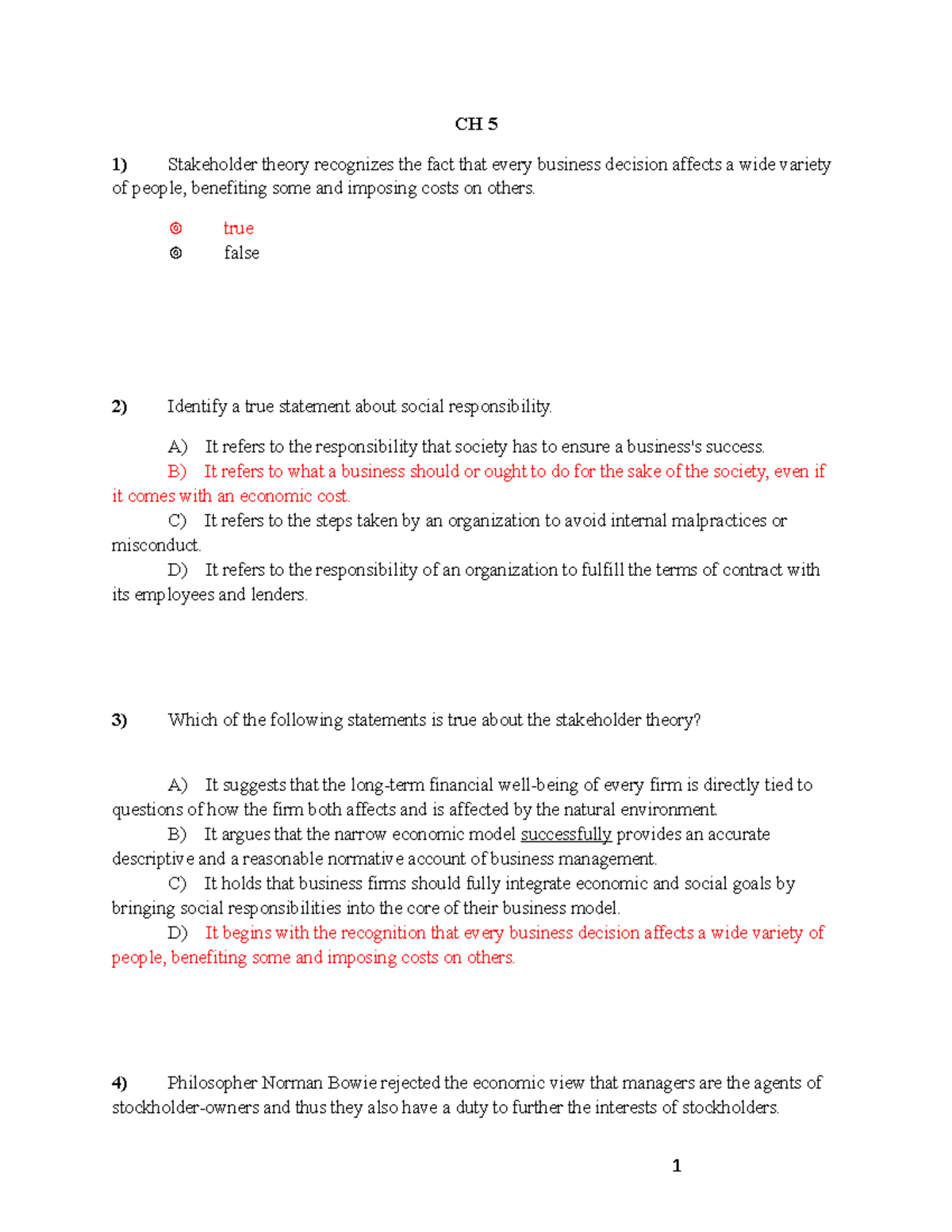 General revision ch 5 & ch 6 - CH 5 1) Stakeholder theory recognizes ...