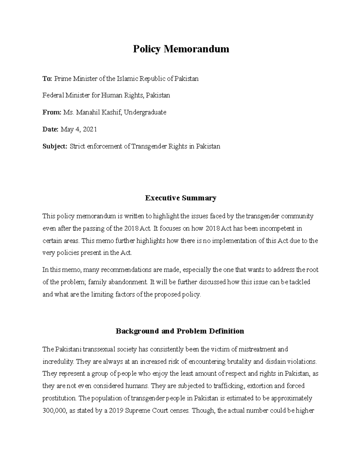Policy memo - Policy Memorandum To: Prime Minister of the Islamic ...