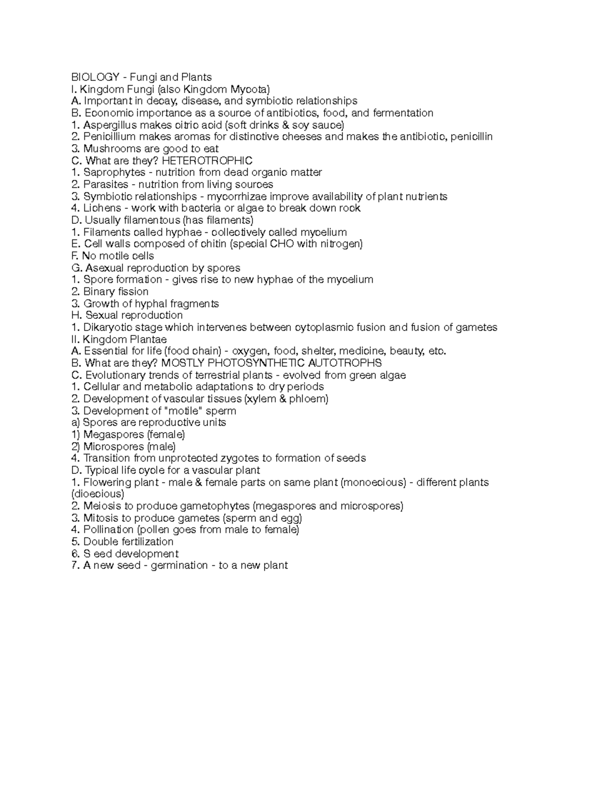 Bio 15 - Notes - BIOLOGY - Fungi and Plants I. Kingdom Fungi (also ...
