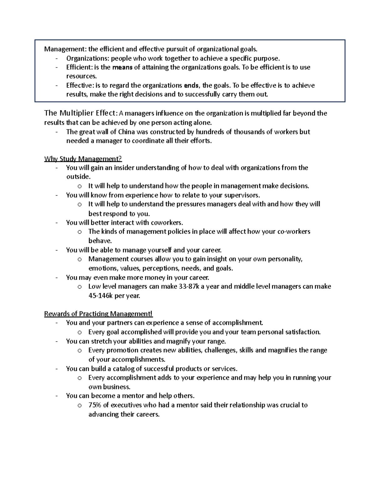 Quiz 1 notes - Management: the efficient and effective pursuit of ...