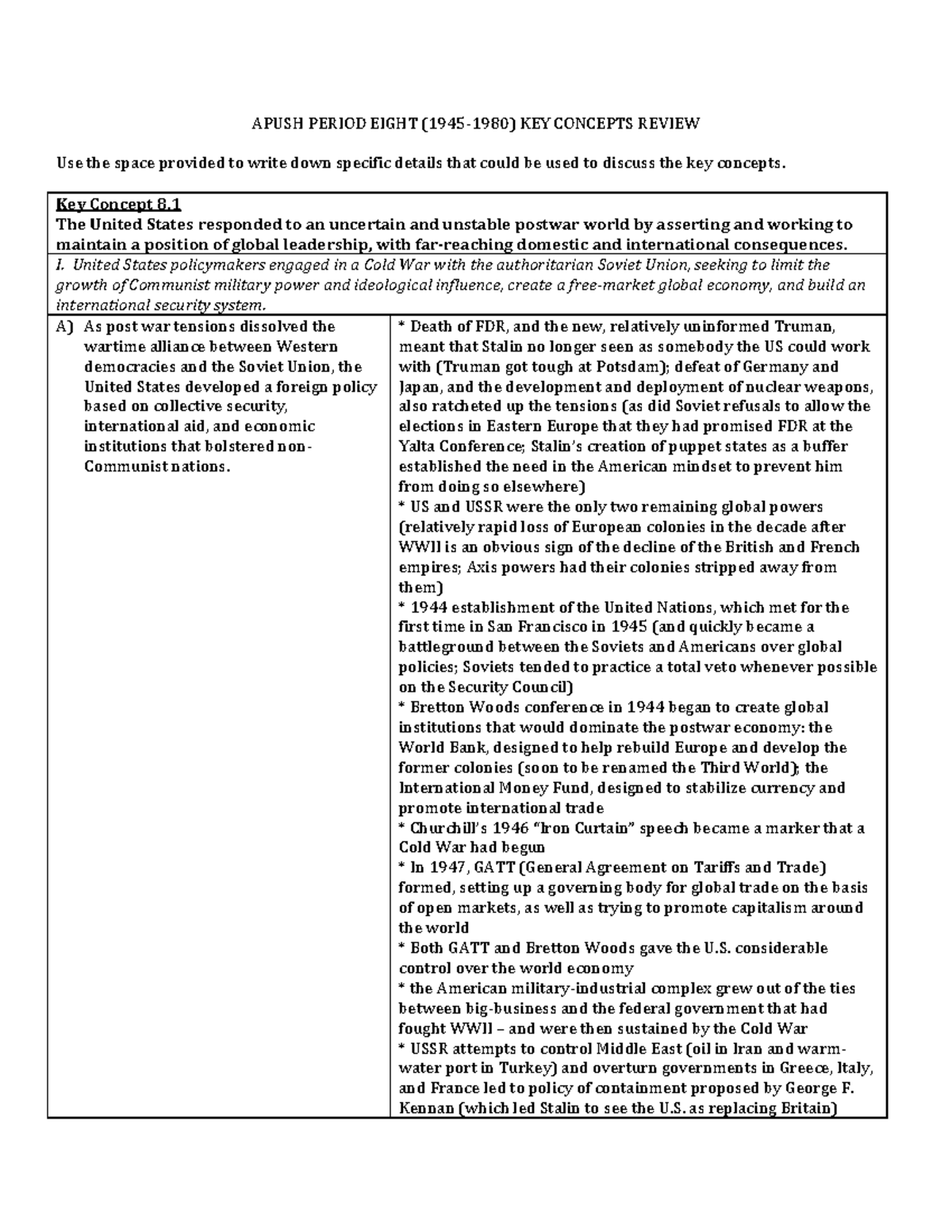 Period eight key concept framework - APUSH PERIOD EIGHT (1945-1980) KEY ...