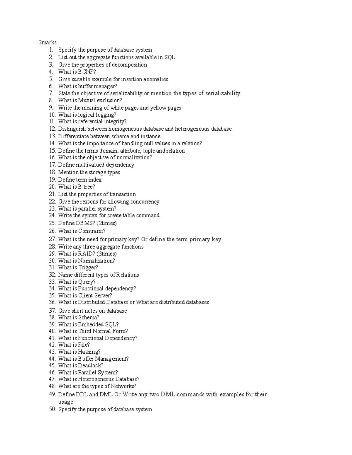 Important questions DBMS - 2marks 1. Specify the purpose of database system 2. List out the ...