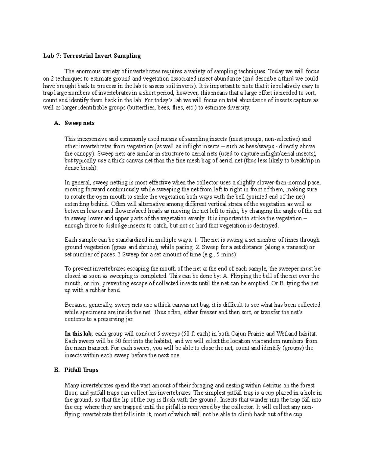 Lab7-Sweep nets Pitfall traps - Lab 7: Terrestrial Invert Sampling The ...