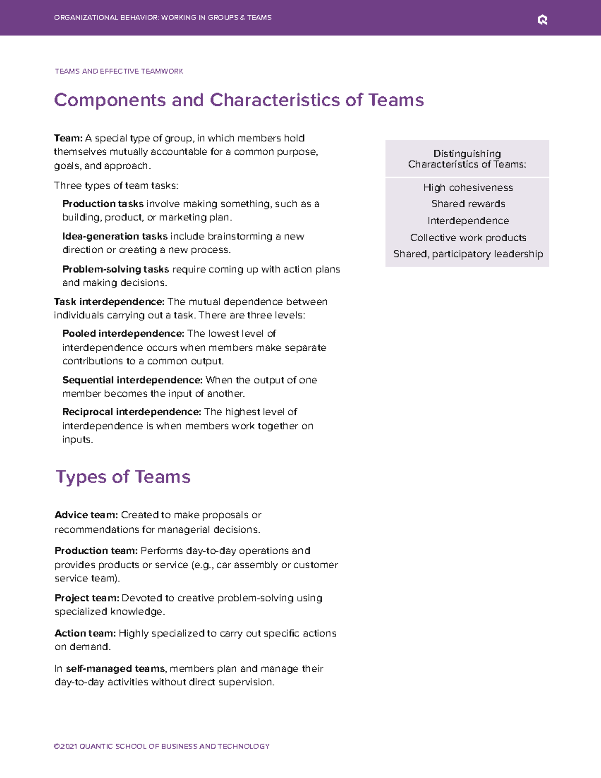 Teams and Effective Teamwork Summary Guide - ©2021 QUANTIC SCHOOL OF ...