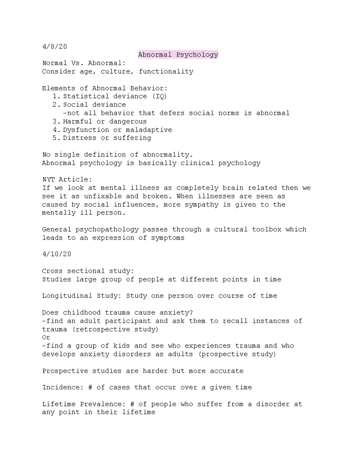 Abnormal Lecture Notes Week 1 - 4/8/ Abnormal Psychology Normal Vs ...