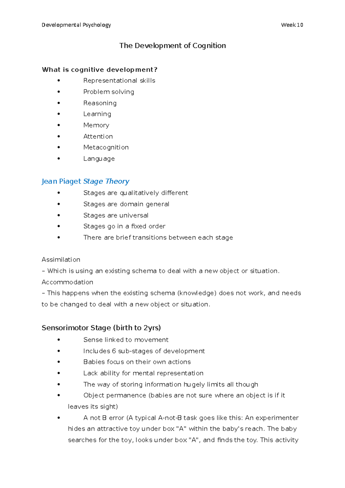 Week 10 -The Development of Cognition - The Development of Cognition ...