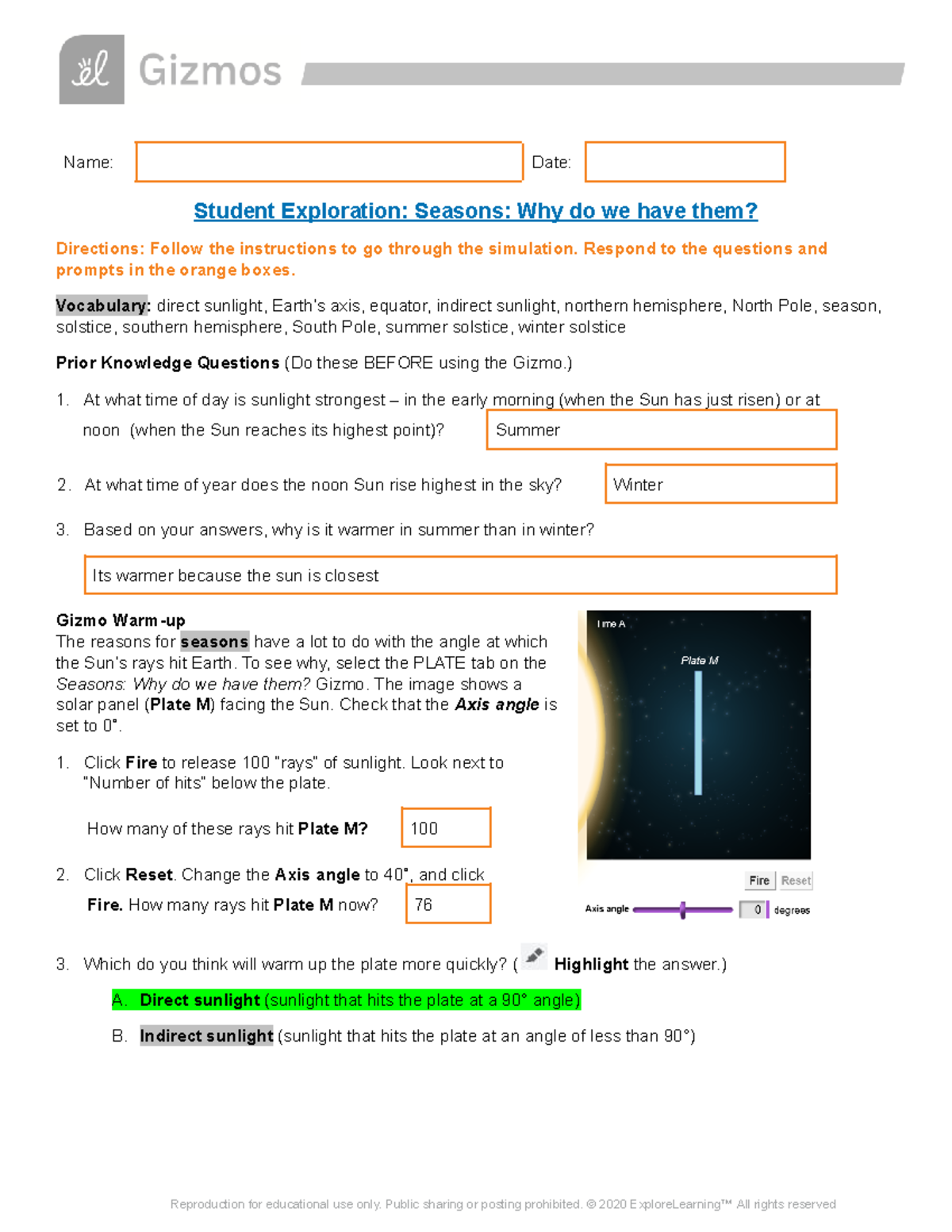 Gizmo - Why We Have Seasons Gizmo - 11448713 - Name: Date: Student ...