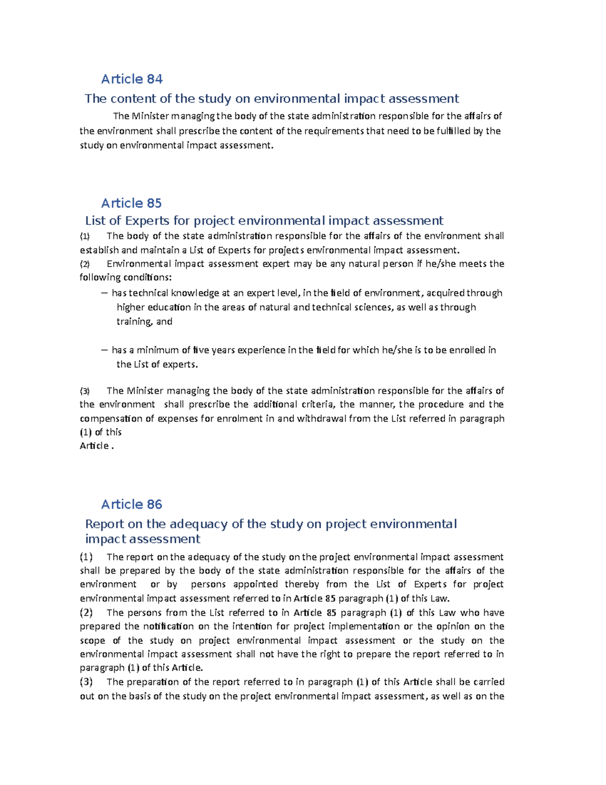 Environmental law m15 - Article 84 The content of the study on ...