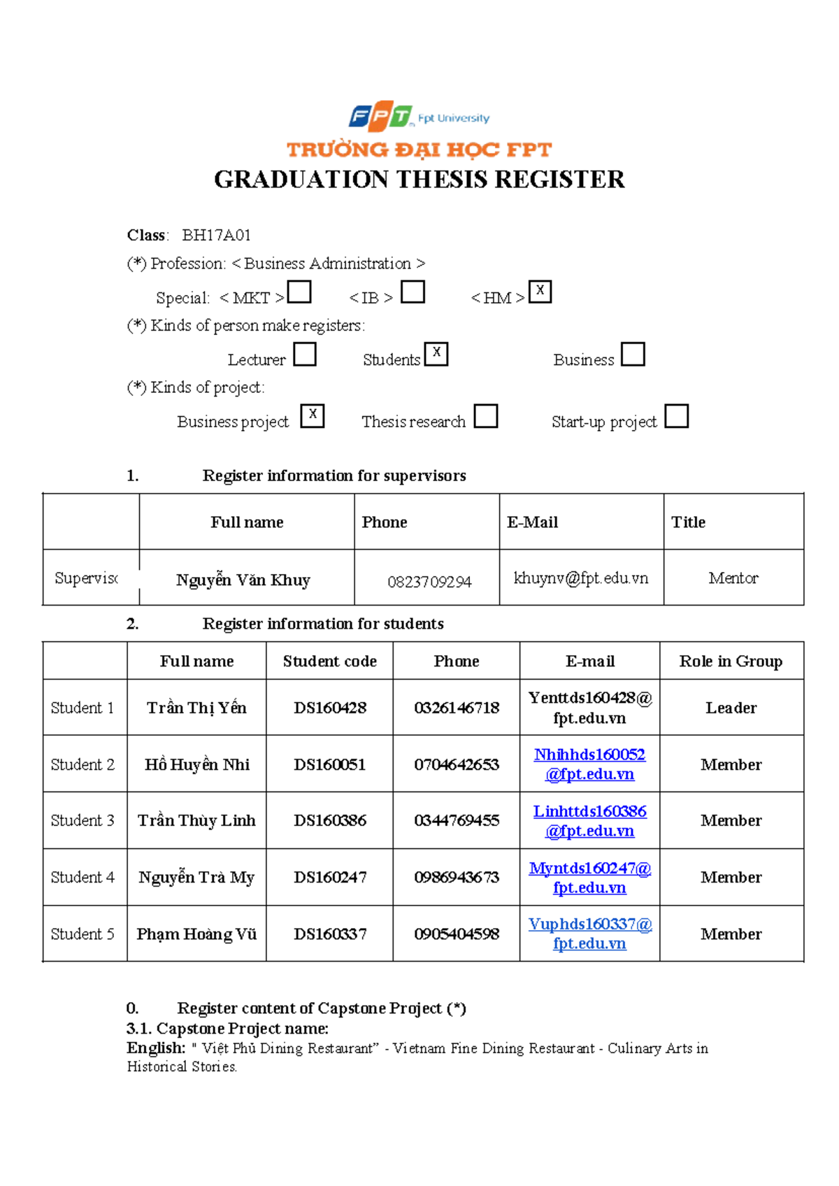 Graduation- Thesis- Registration - GRADUATION THESIS REGISTER Class ...
