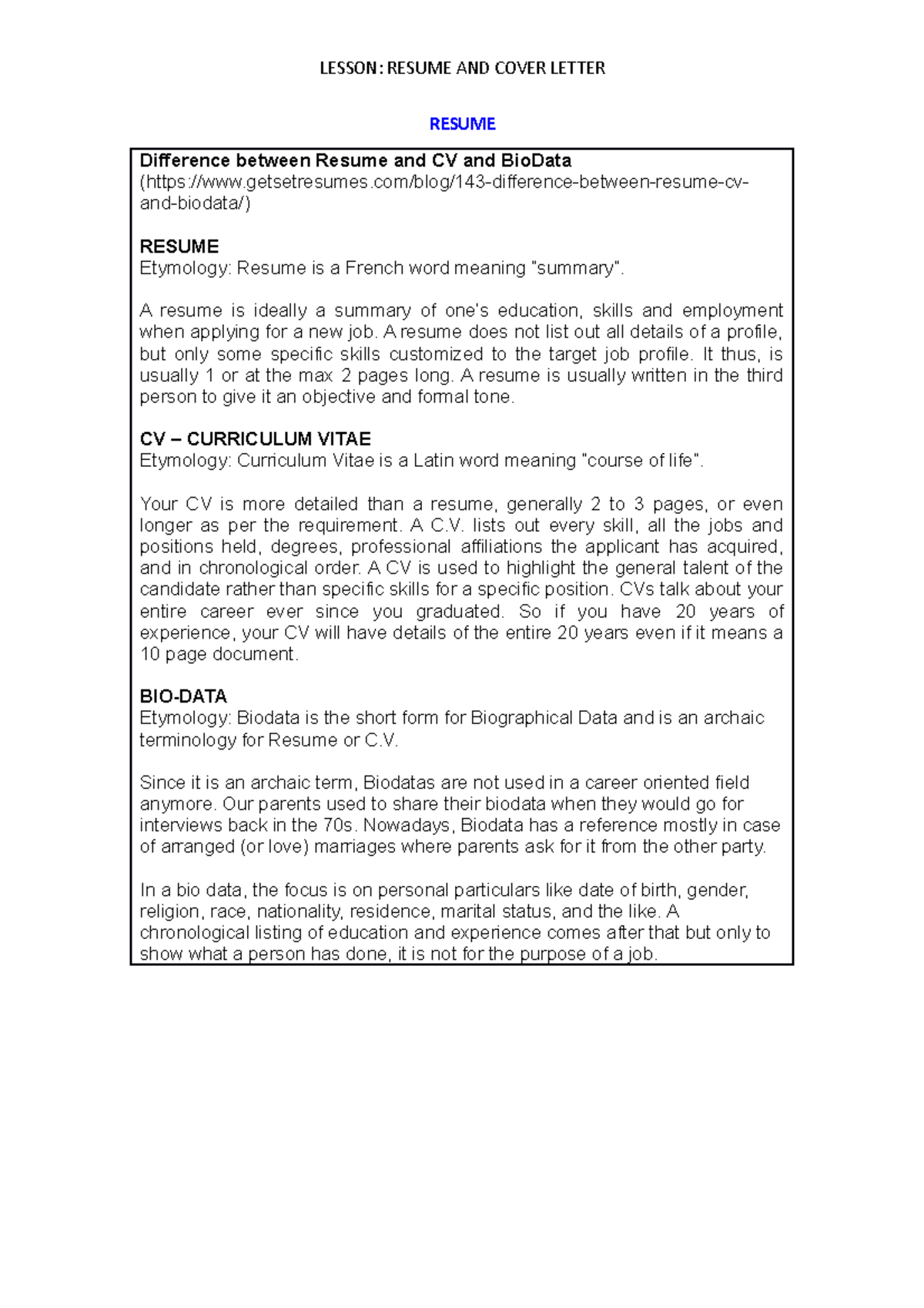 Lesson Resume and Cover Letter - RESUME Difference between Resume and ...