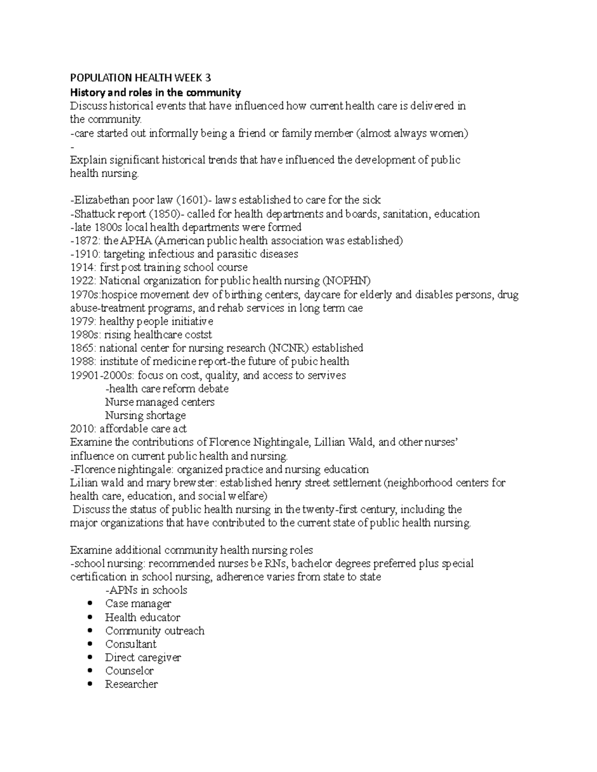 Population Health WEEK 3 - POPULATION HEALTH WEEK 3 History and roles ...
