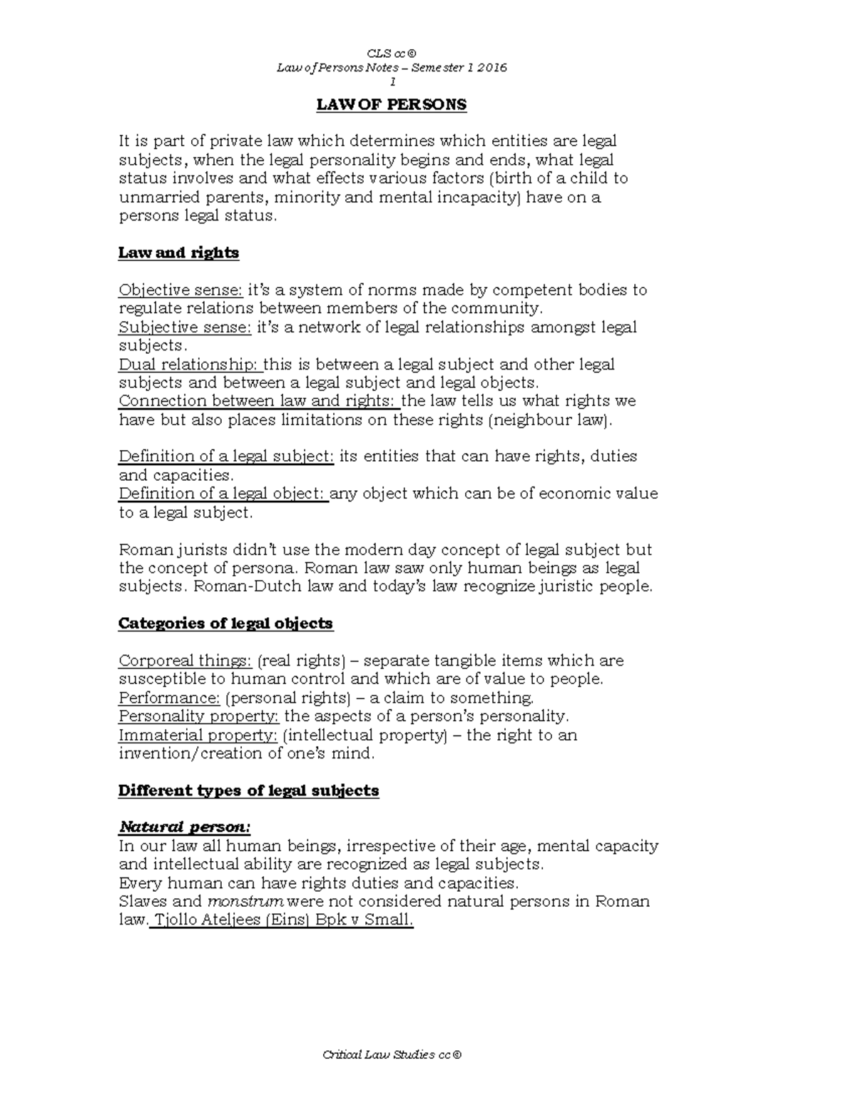 Law of Person summarized notes - Law of Persons Notes – Semester 1 2016 ...