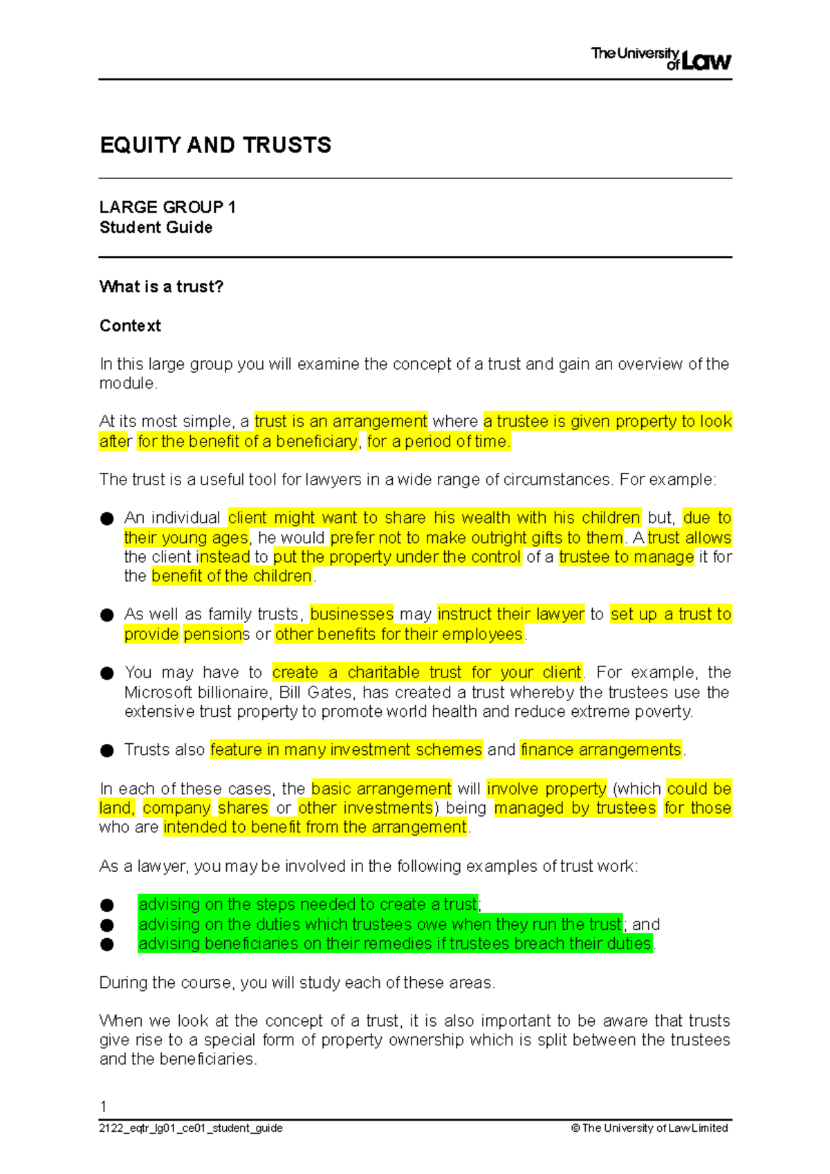 Equity and Trust Lg 1 - EQUITY AND TRUSTS LARGE GROUP 1 Student Guide What is a trust? Context ...
