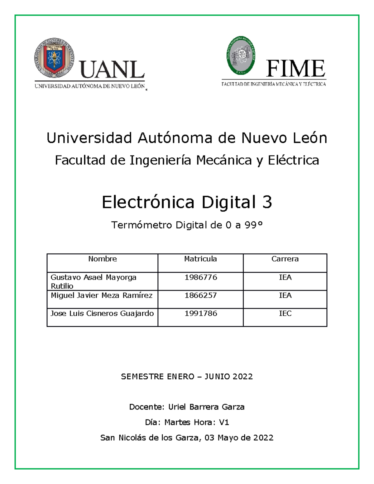 Reporte Termometro DIG - Universidad Autónoma de Nuevo León Facultad de ...
