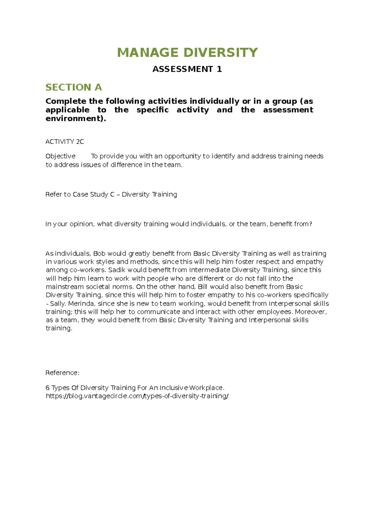 Manage Diversity Assessment 1 Section 1 Activity 2C - MANAGE DIVERSITY ...