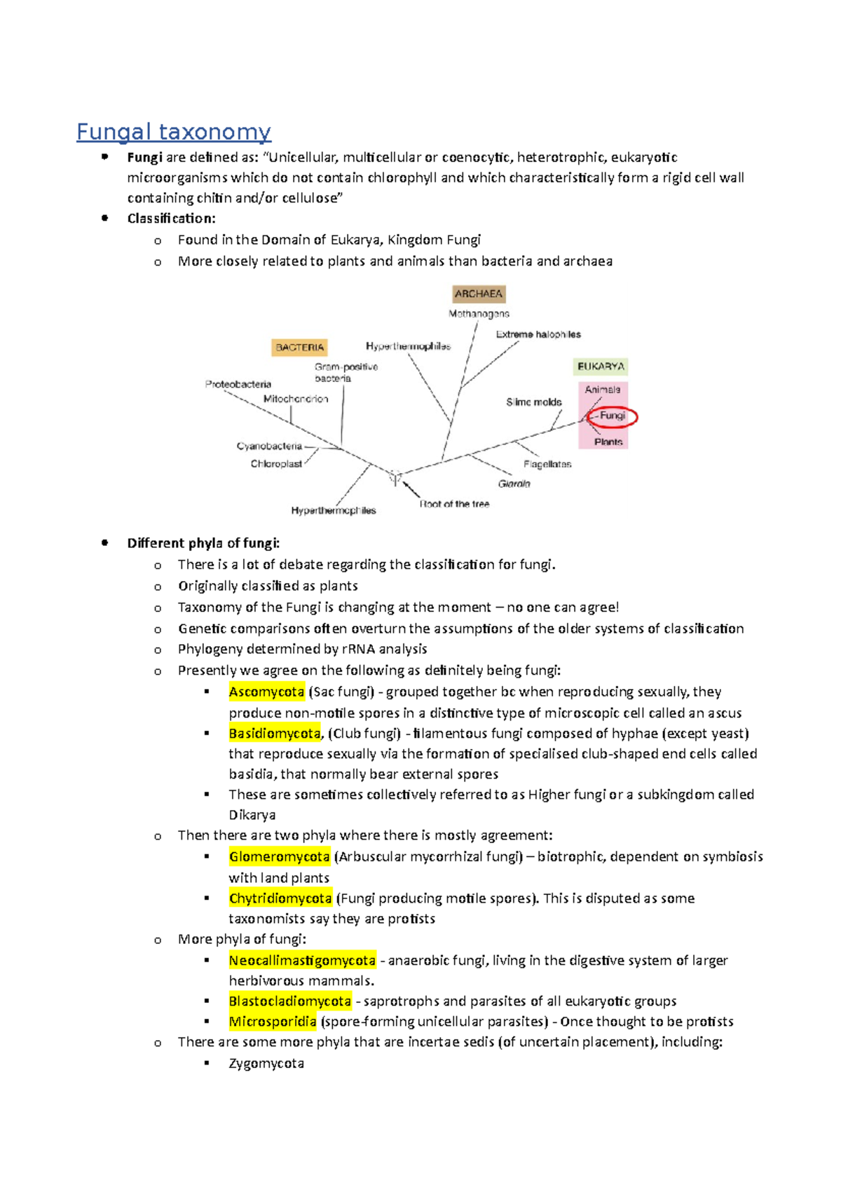 Fungi - Lecture notes 7 - Fungal taxonomy Fungi are defined as ...