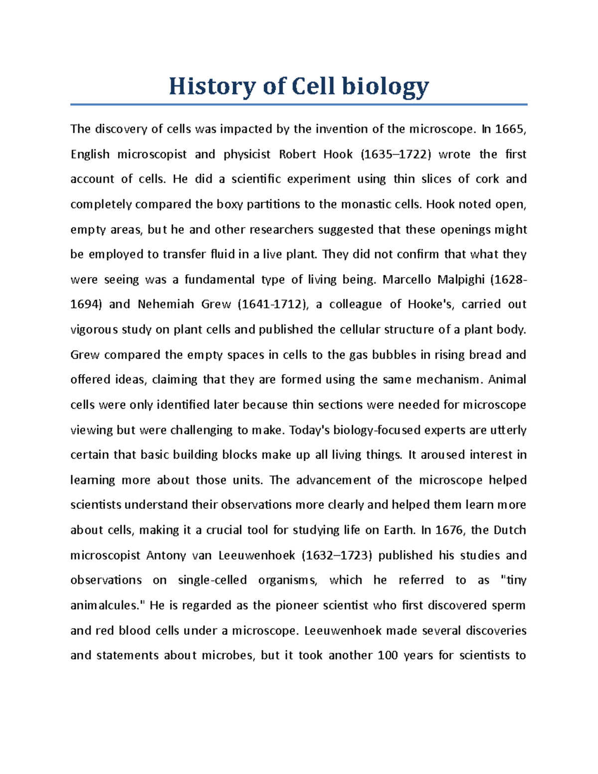 History of Cell biology - In 1665, English microscopist and physicist ...