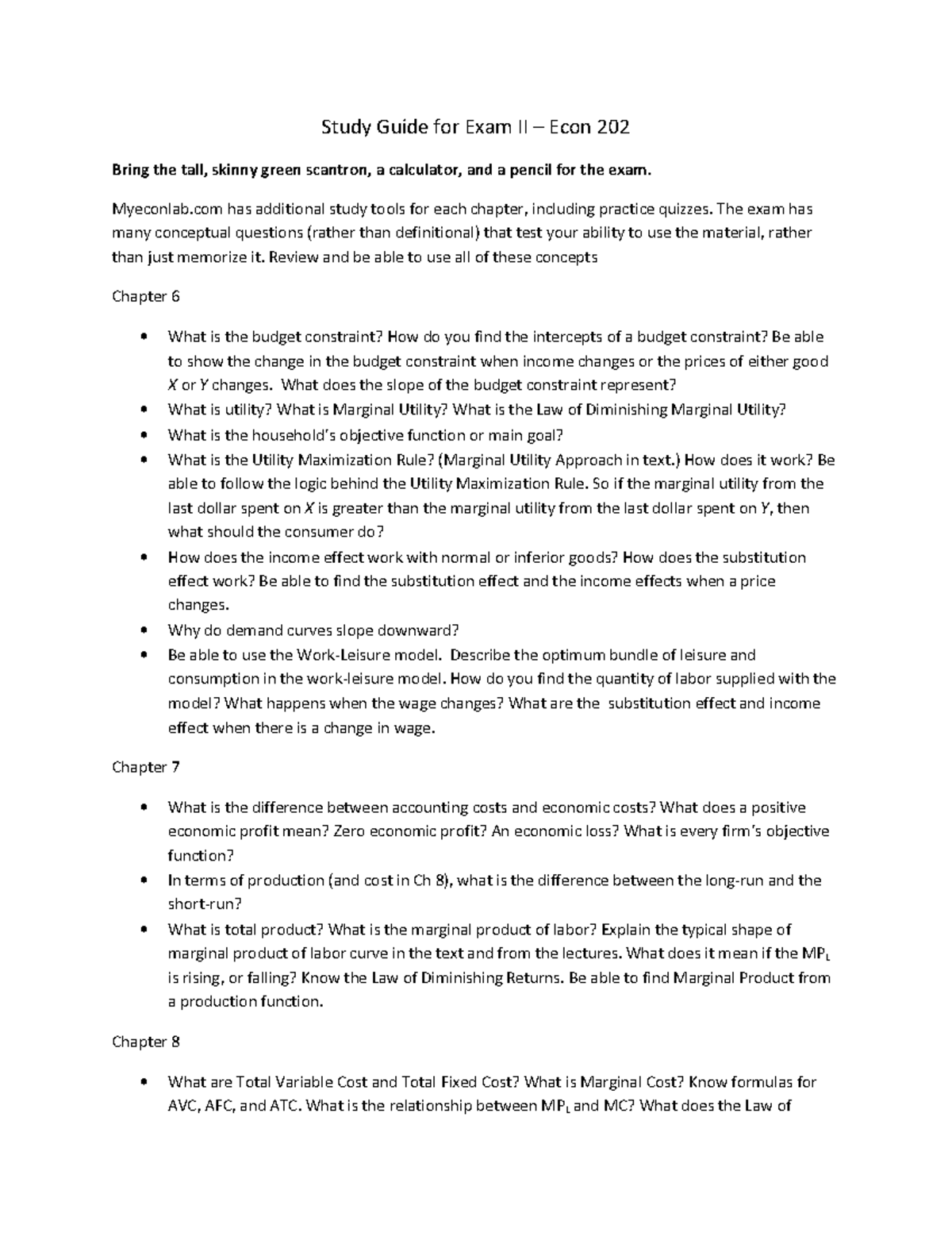 Econ 202 Study Guide for Exam II - Study Guide for Exam II – Econ 202 ...