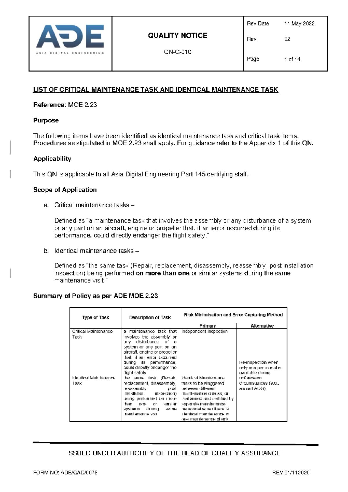 ADE QN-G-010 REV 02 - List of Critical Maintenance Task and Identical ...