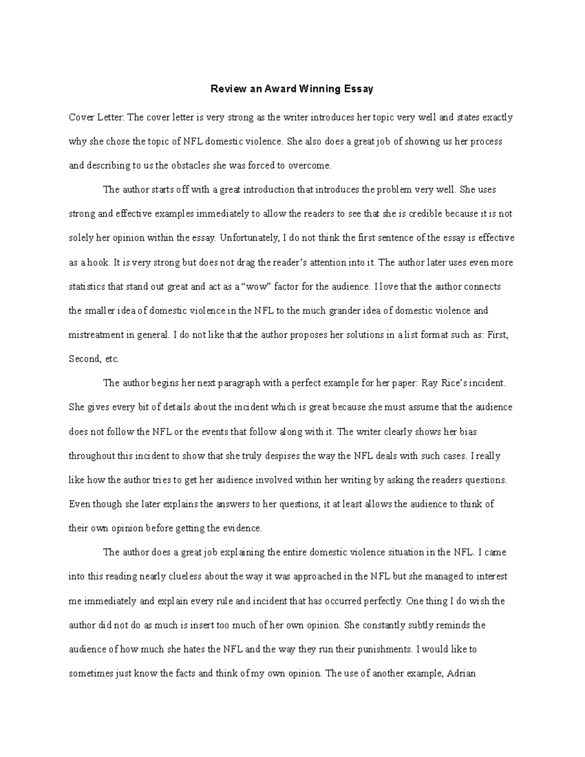 Review an Award Winning Essay - She also does a great job of showing us ...