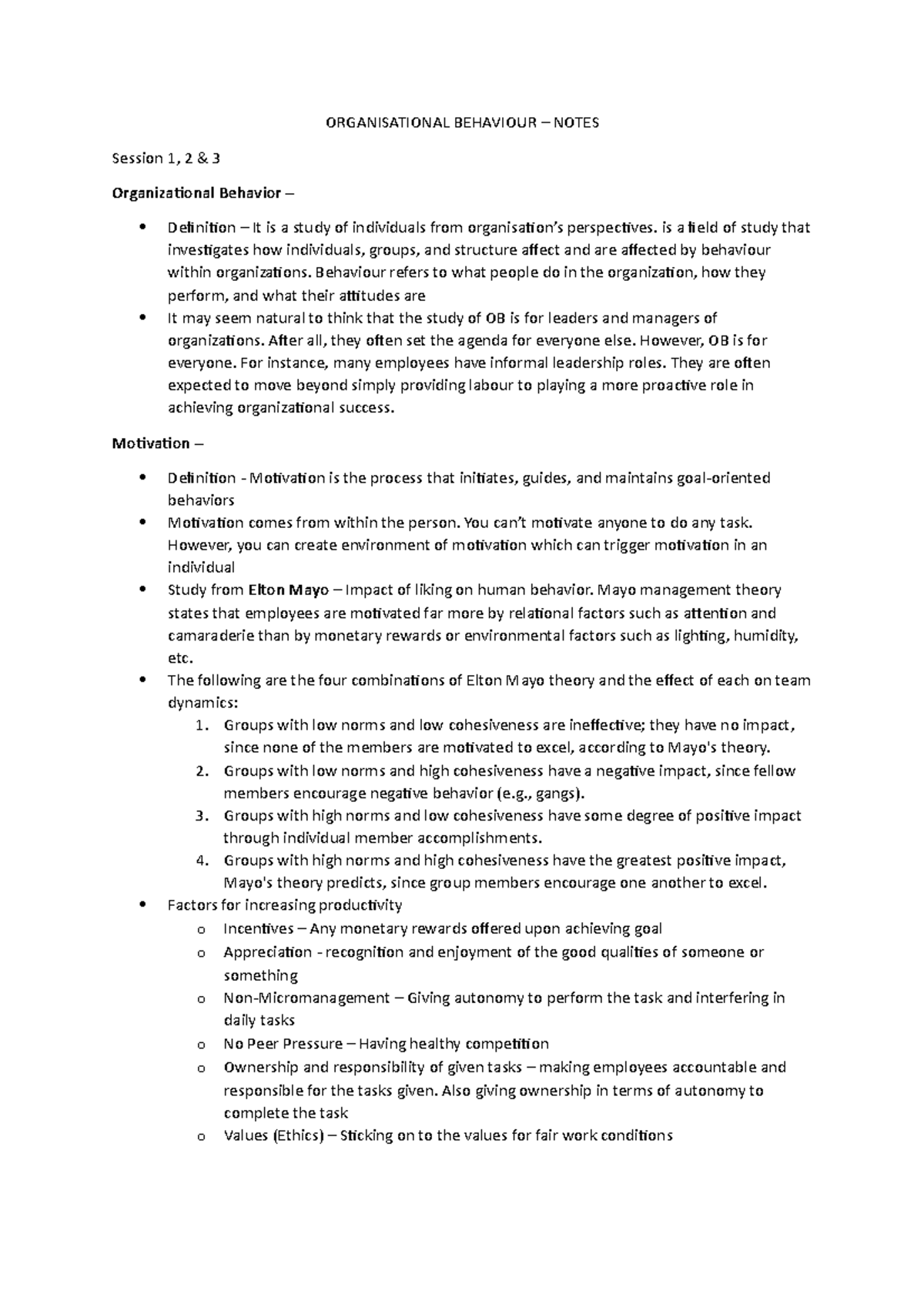 Notes for Key Pointers on Organisational Behaviour - ORGANISATIONAL ...