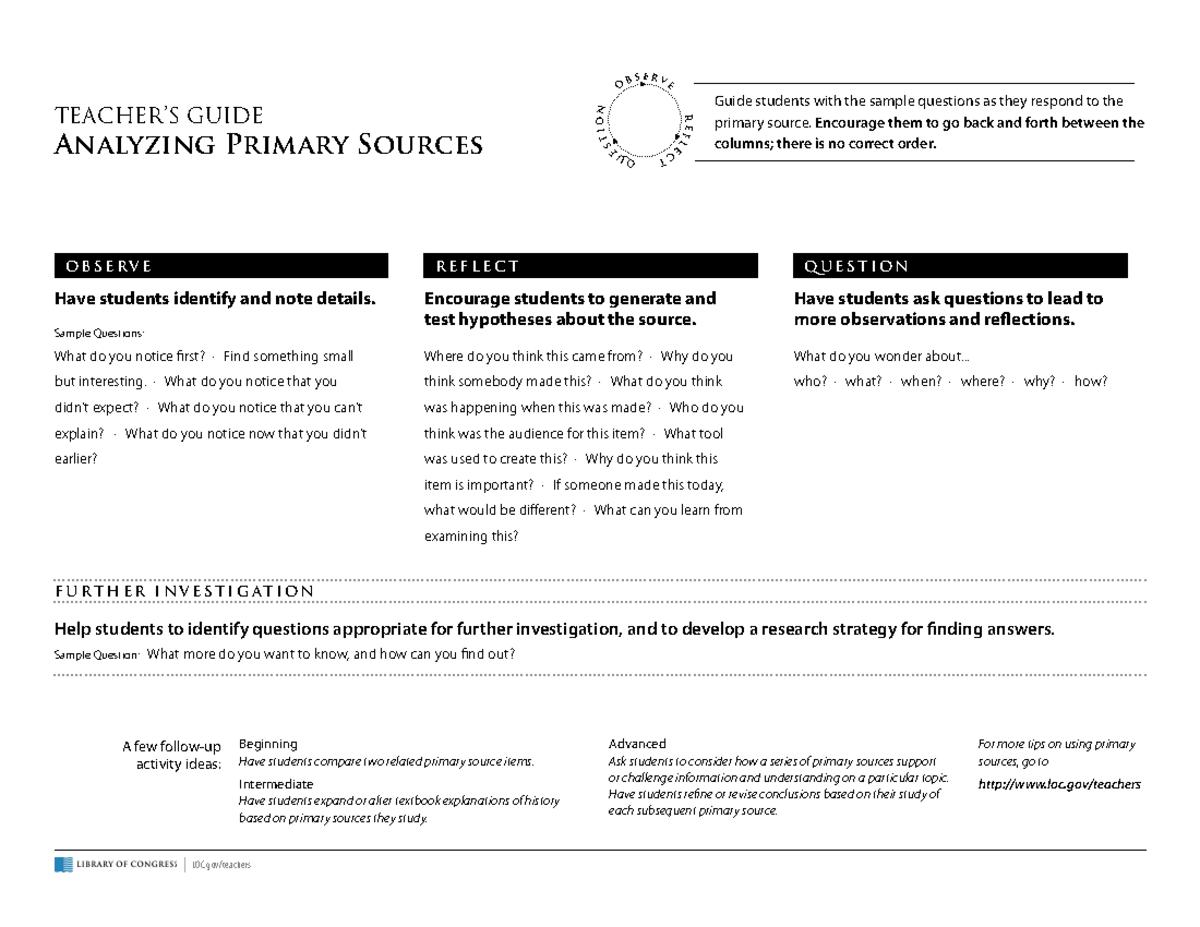 Analyzing Primary Sources Questions Library of Congress - Teacher’s ...