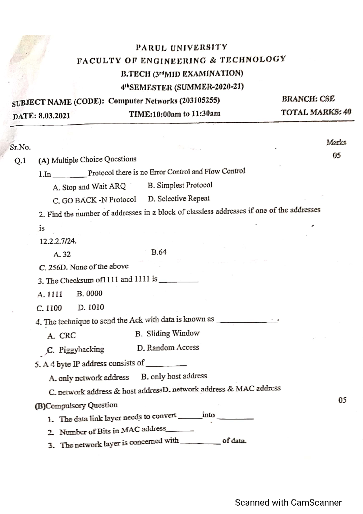 CN 3rd Mid Sem Question Paper - B.tech CSE - Studocu