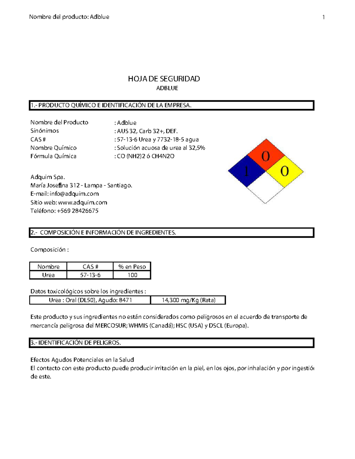Adblue MDS - HDS - ADBLUE : Adblue : AUS 32, Carb 32+, DEF. CAS # : 57 ...