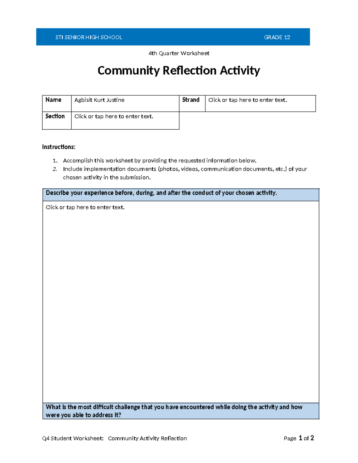 G124Q - Community Activity Reflection - 4th Quarter Worksheet Community ...