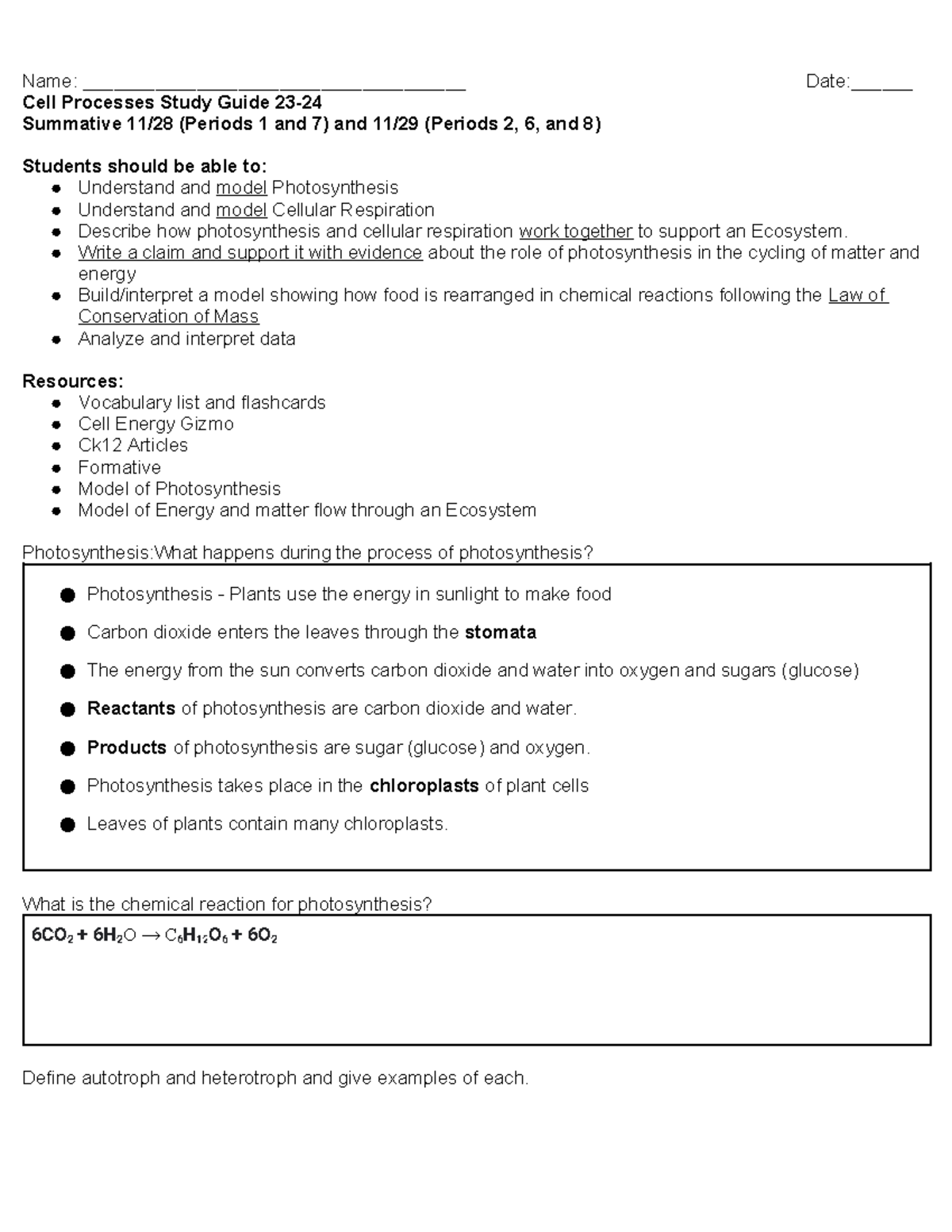 Cell Processes Study Guide completed - Name ...