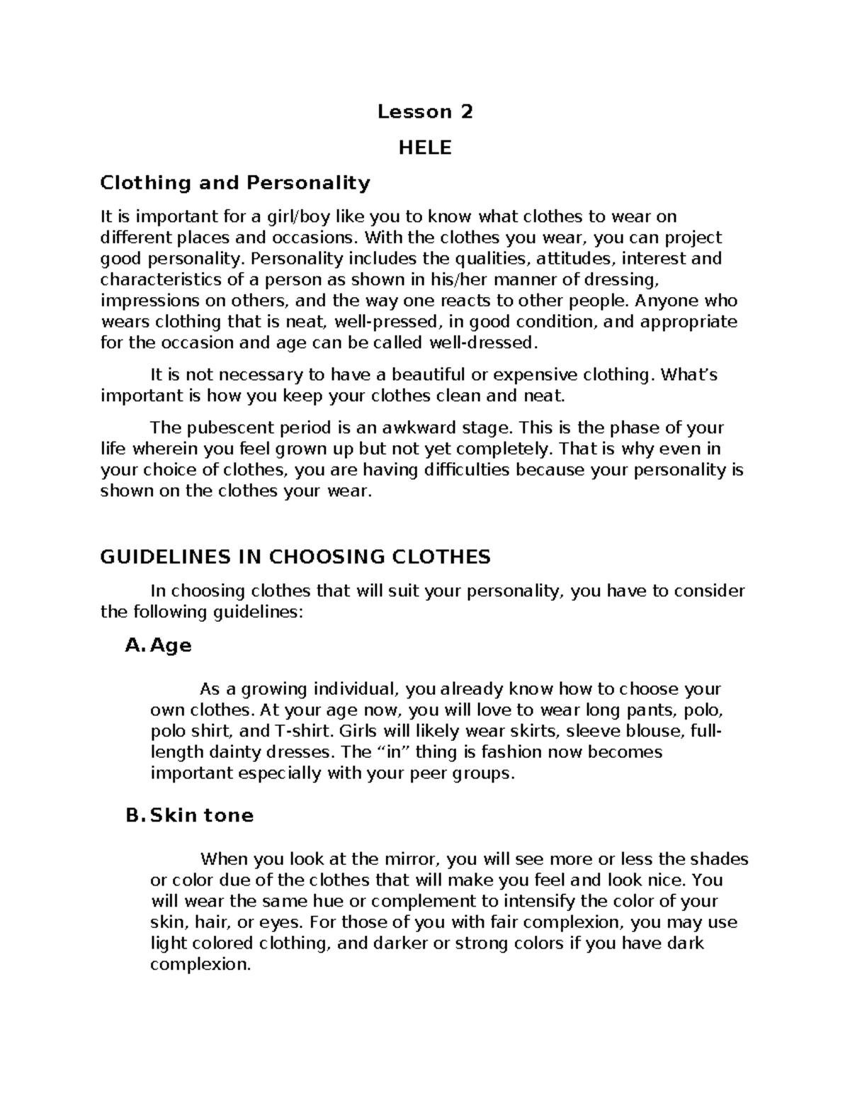 HELE Clothing AND Personality with picture - Lesson 2 HELE Clothing and ...
