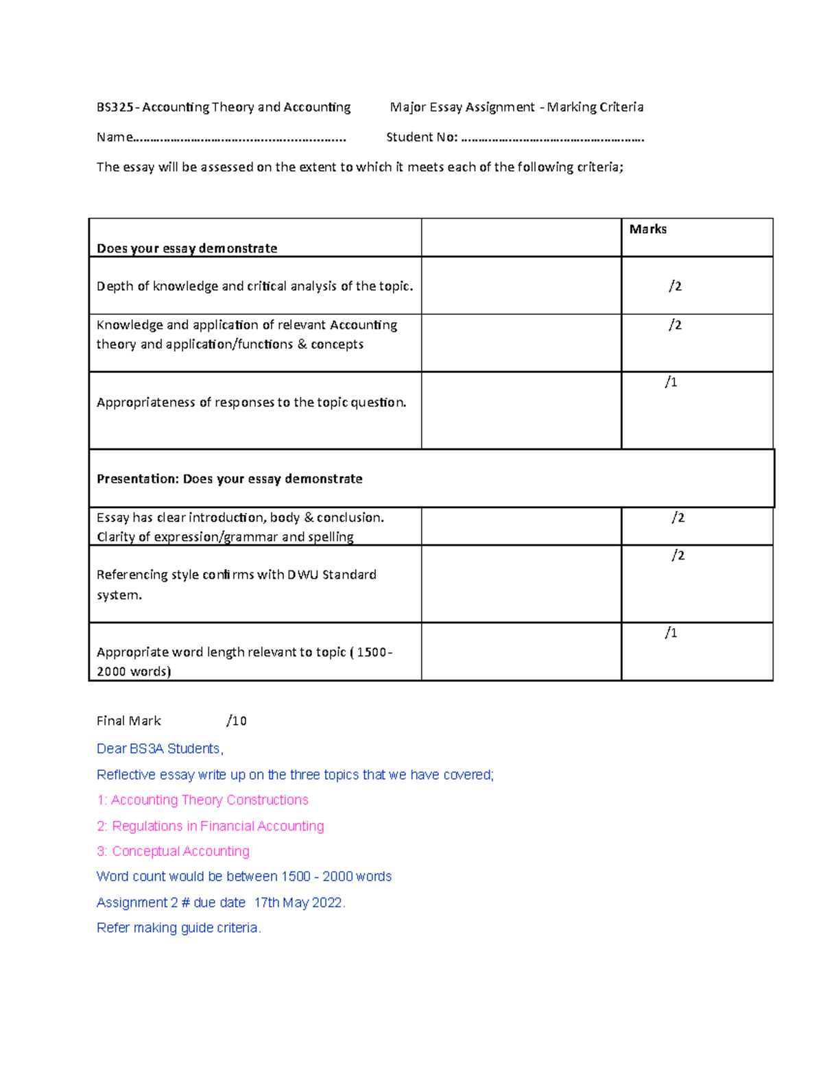 BS325- Marking Guide Criteria - BS325- Accounting Theory and Accounting ...