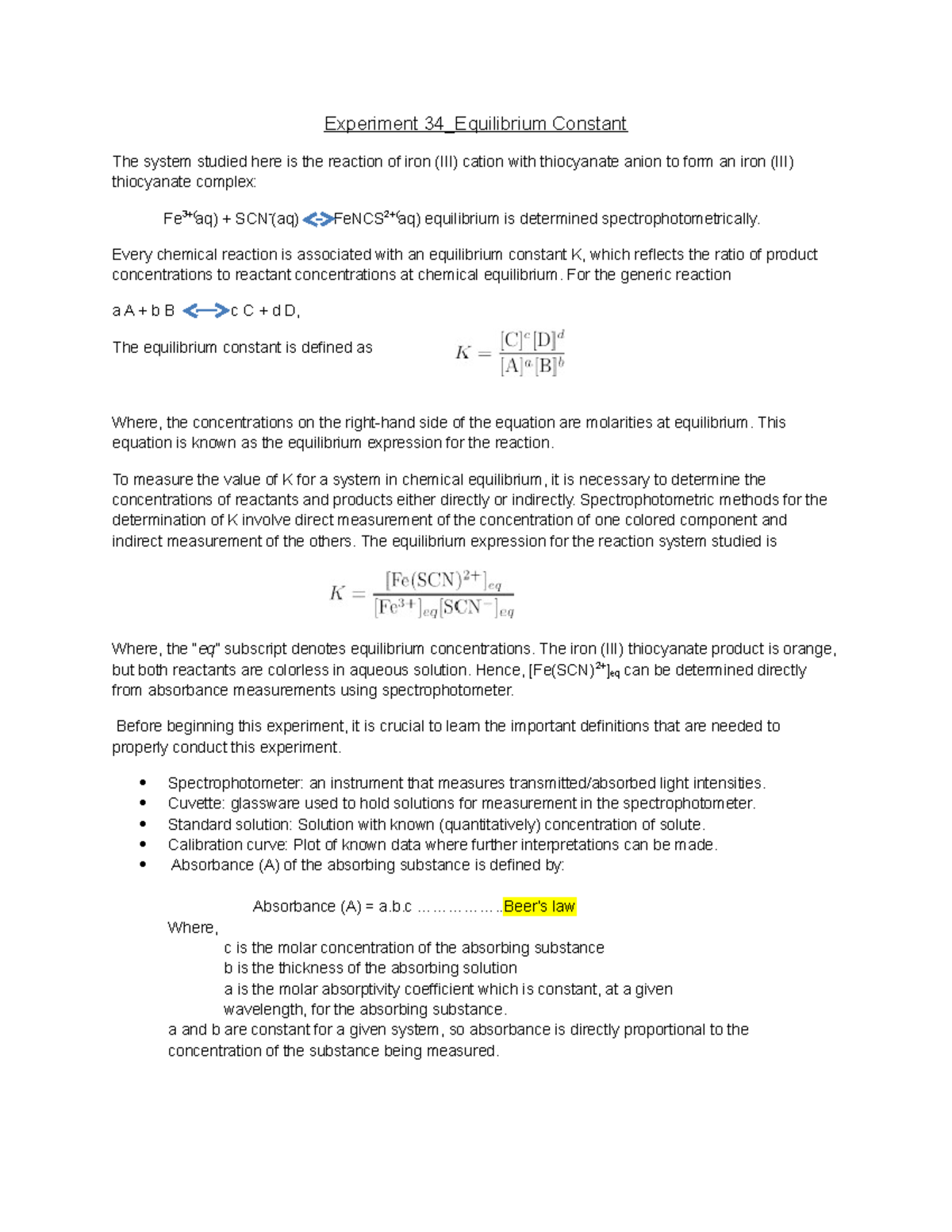 Experiment 34 Lab notes - Experiment 34_Equilibrium Constant The system ...