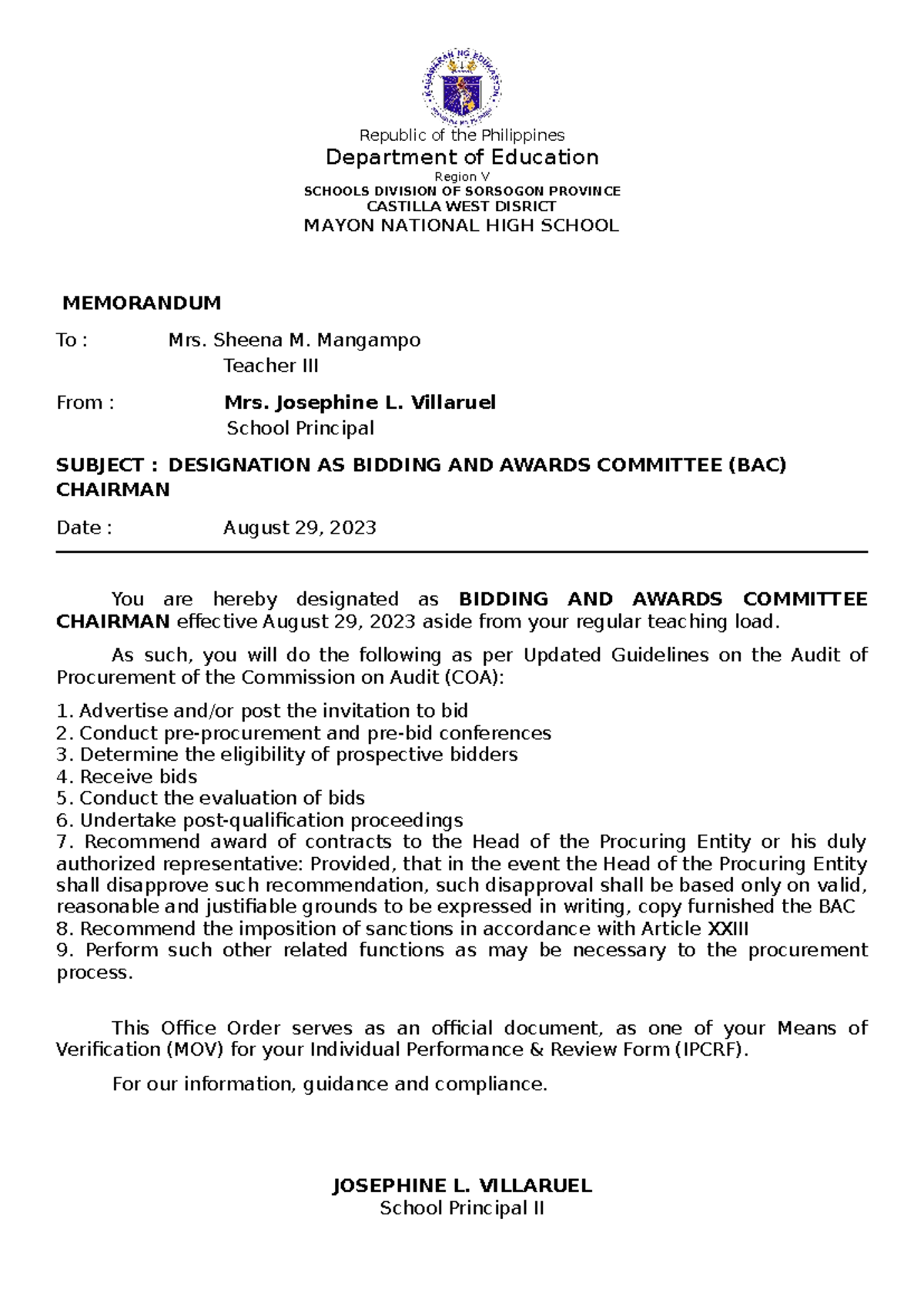 BAC Designation - dfggfbn - Republic of the Philippines Department of Education Region V SCHOOLS ...