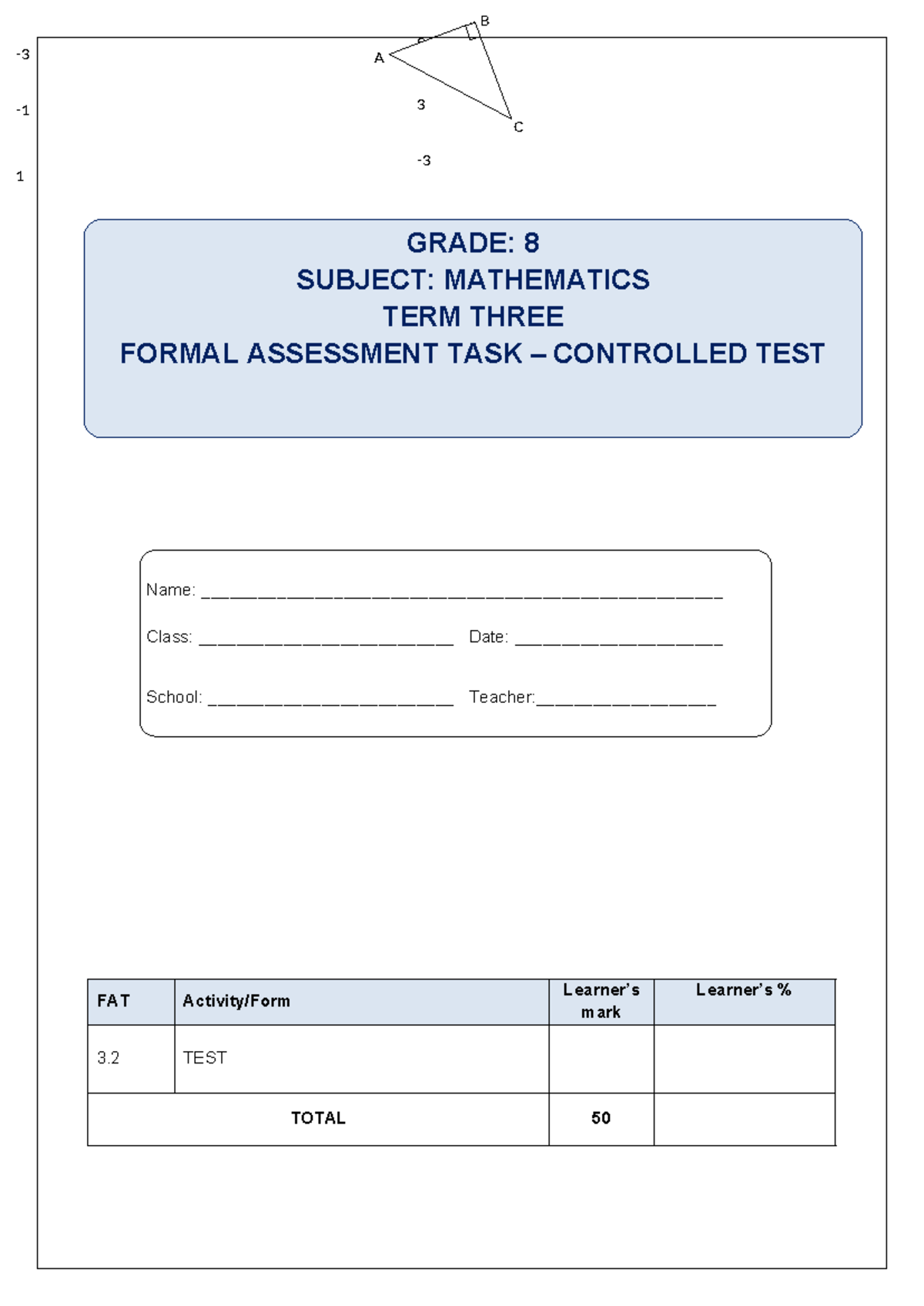 Mathematics Gr 8 Test Term 3 - Name