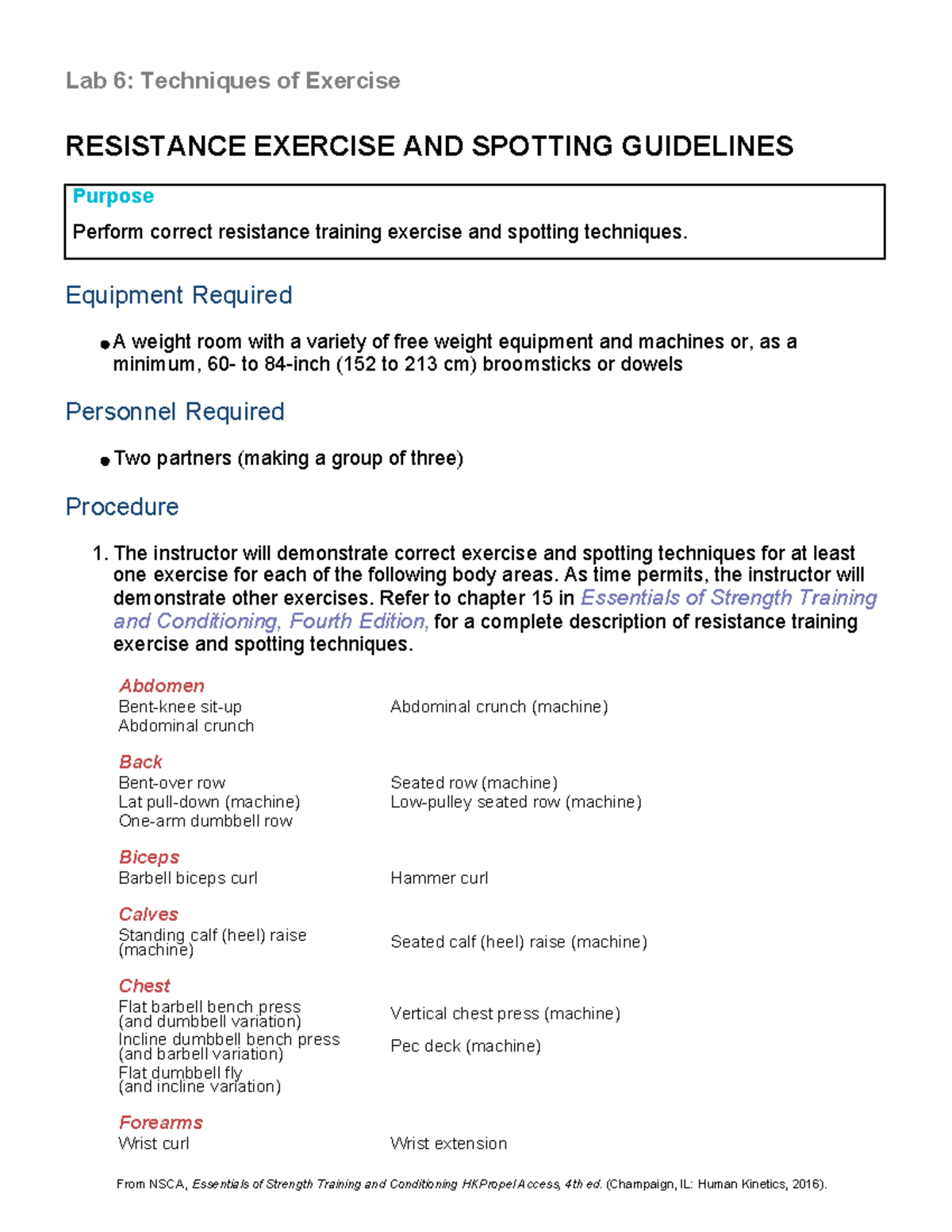 Strength & COND - LAB 6 Resistance Exercise & Spotting - Lab 6 ...