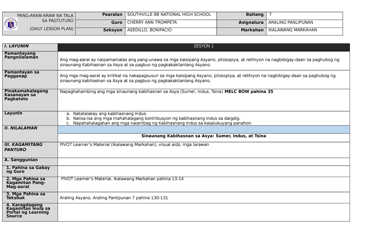 ST AP7 DLP WEEK2 Trompeta - PANG-ARAW-ARAW NA TALA SA PAGTUTURO (DAILY LESSON PLAN) Paaralan ...