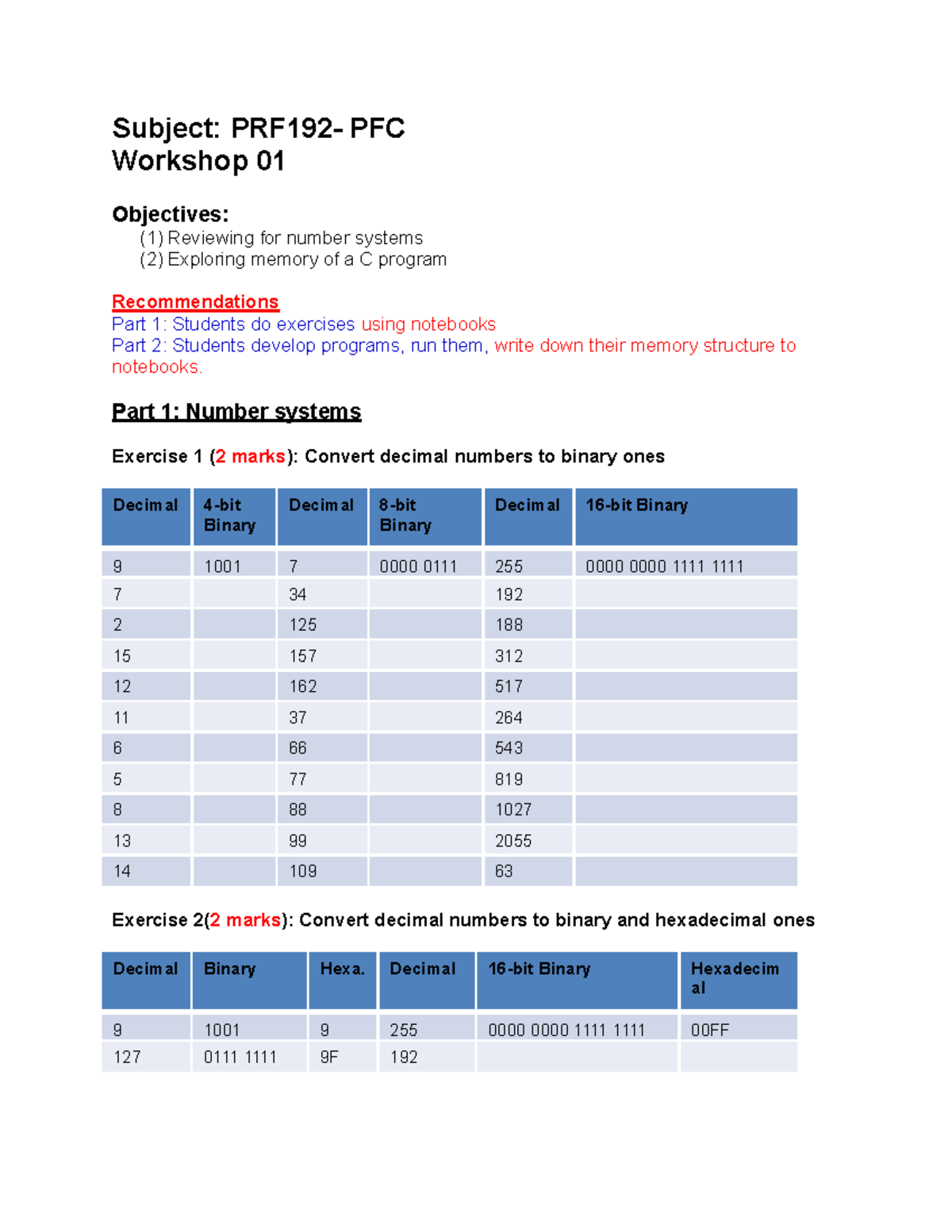 Workshop 01-đã chuyển đổi - Subject: PRF192- PFC Workshop 01 Objectives: (1) Reviewing for - Studocu