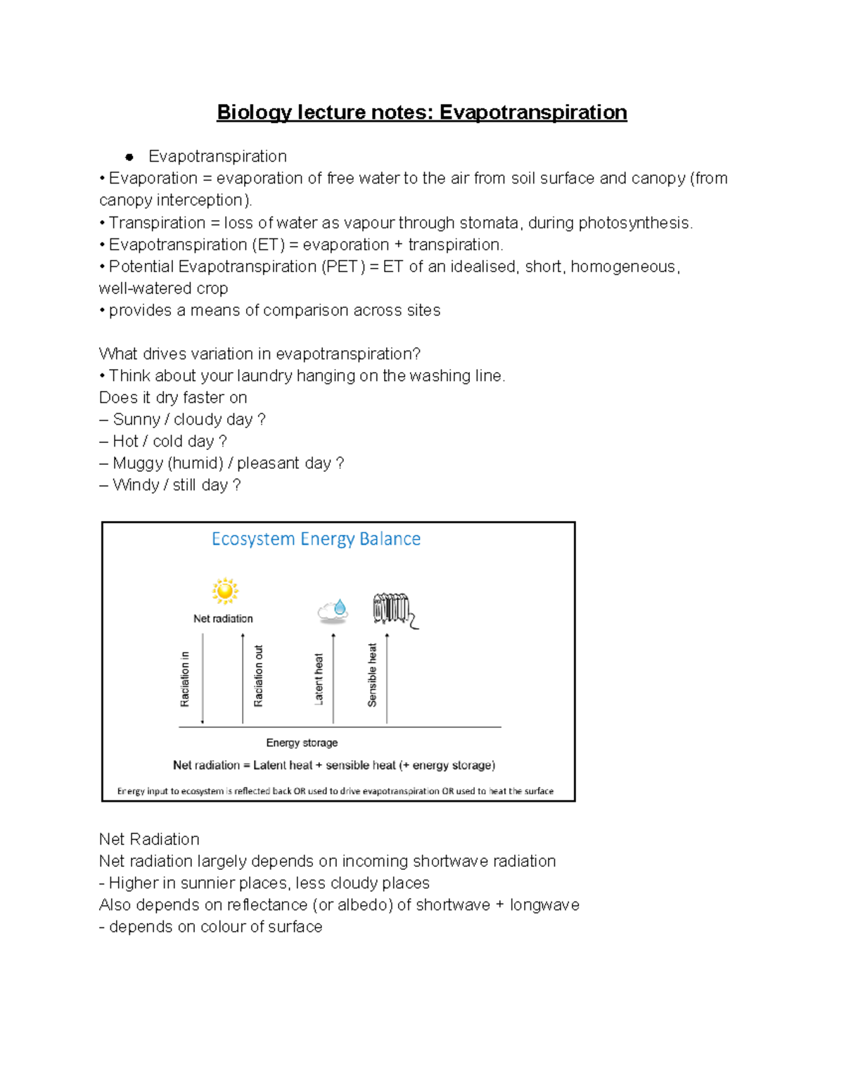 Biology lecture notes Evapotranspiration - Transpiration = loss of ...